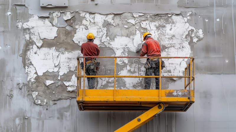 Two Construction Workers Plastering a High Wall Using a Scissor Lift ...