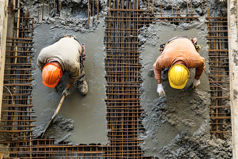 Two Construction Workers Pouring Cement and Securing Steel Mesh on a ...