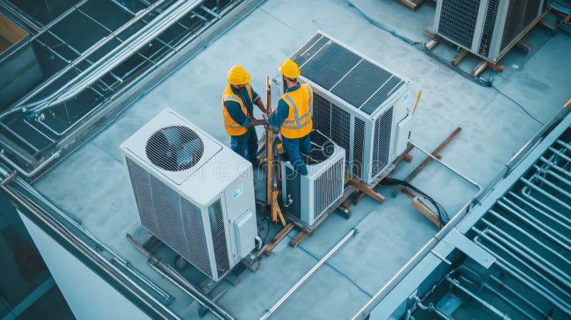 Two Construction Workers on Rooftop Installing AC Units Stock ...