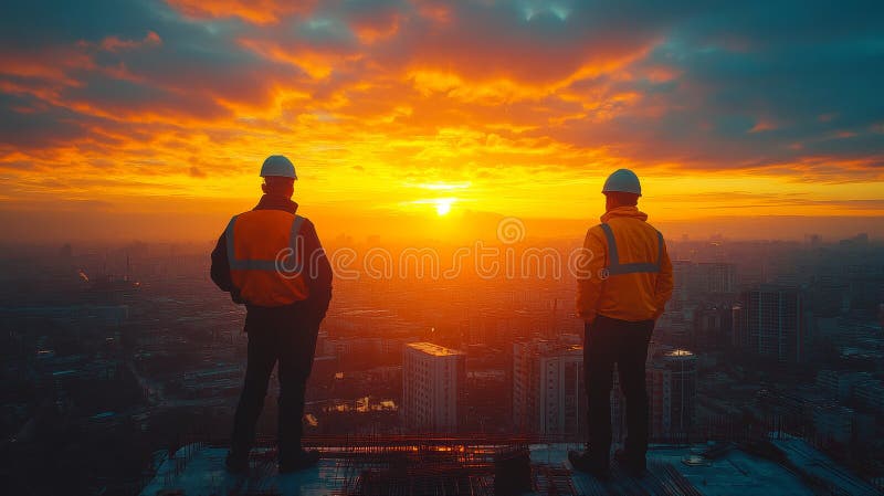 Two Construction Workers on a Rooftop at Sunset Stock Illustration ...
