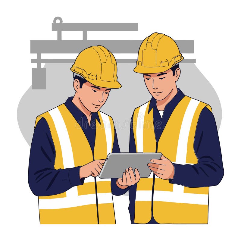 Two Construction Workers in Safety Gear Collaborating on a Tablet while ...