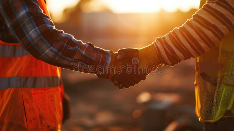 Two Construction Workers in Safety Gear Engaging in a Firm Handshake ...