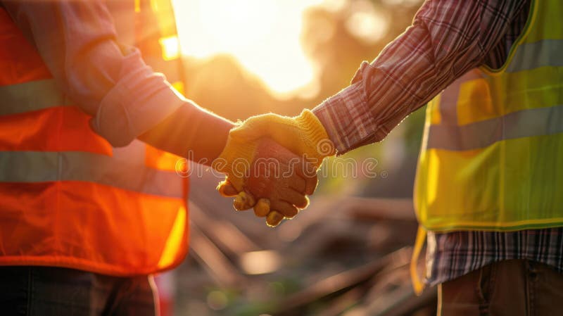 Two Construction Workers in Safety Gear Engaging in a Firm Handshake ...