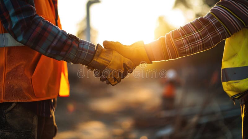 Two Construction Workers in Safety Gear Engaging in a Firm Handshake ...