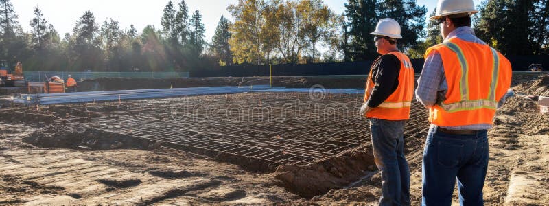 Construction Workers Observe Foundation Work at a Building Site during ...