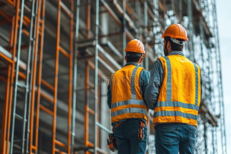Construction Workers Assess Project Progress at a Building Site during ...