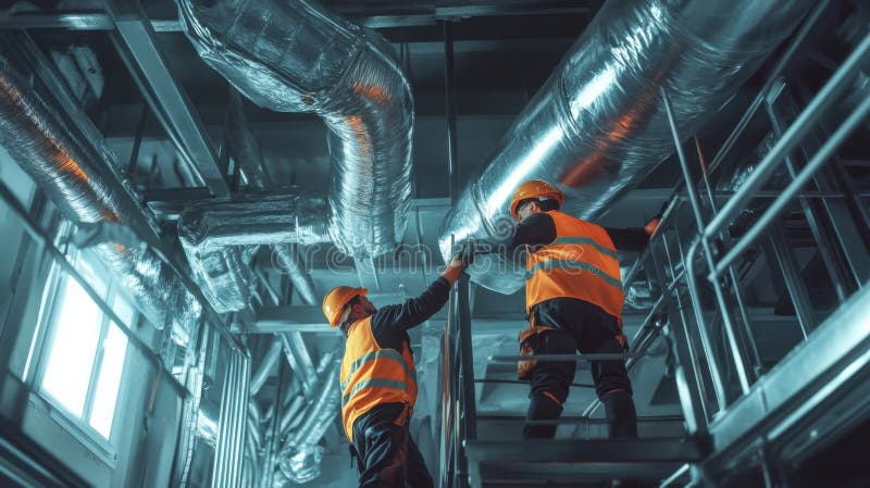 Workers Assist Each Other while Installing HVAC Ductwork in a ...