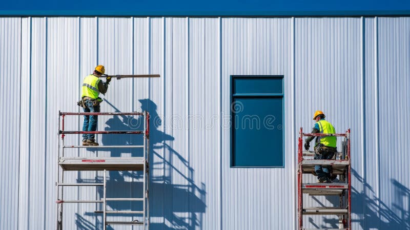 Two Construction Workers on Scaffolding Installing Metal Siding on a ...