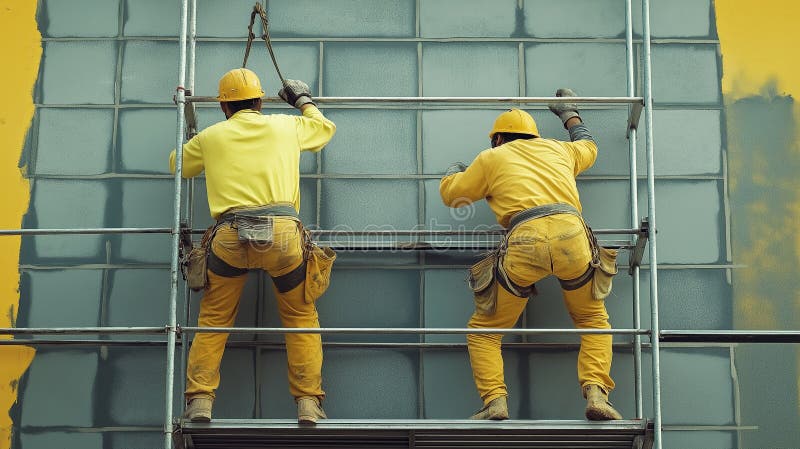 Two Construction Workers Scaling a Yellow Scaffold on a Sunny Day ...