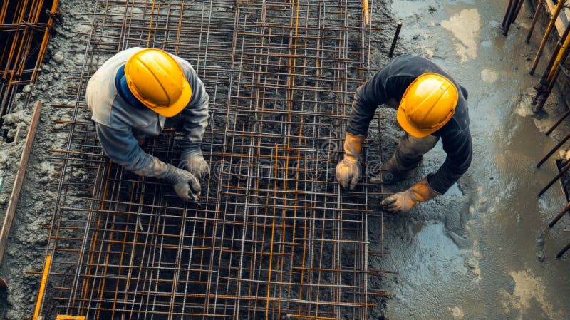 Two Construction Workers Setting Reinforcing Steel Mesh in Concrete ...