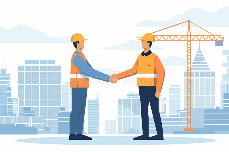 Two Construction Workers Shake Hands in Front of a Cityscape ...
