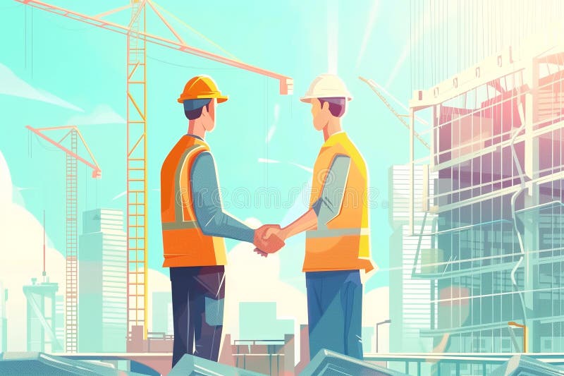 Two Construction Workers Shake Hands in Front of a Large City Building ...