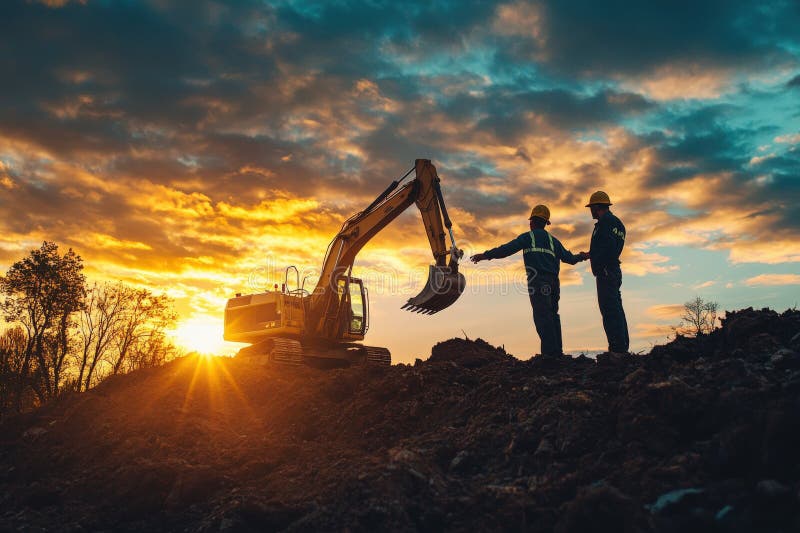 Two Construction Workers Stand by an Excavator at Sunset Stock Image ...