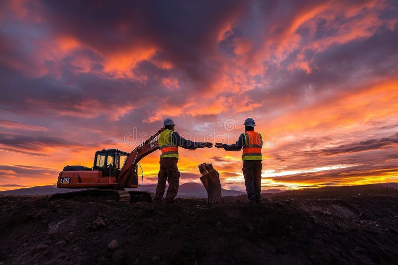 Two Construction Workers Stand by an Excavator at Sunset Stock Photo ...