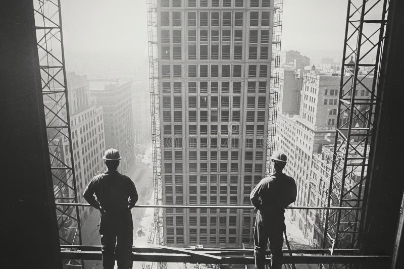 Two Construction Workers Stand on a High-rise Building Looking Out at ...