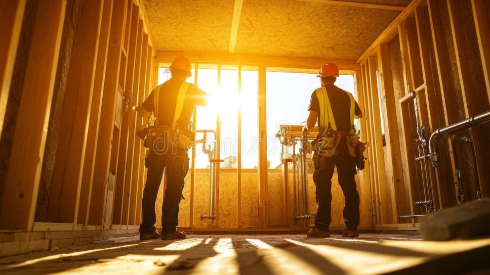 Two Construction Workers Stand Inside a Partially Built House Stock ...