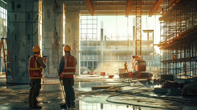 Two Construction Workers are Standing in a Building Under Construction ...