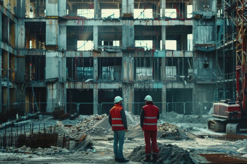 Two Construction Workers are Standing in Front of a Building Under ...