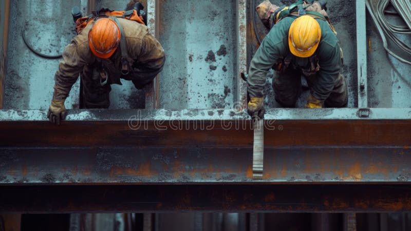 Two Construction Workers Standing on a Metal Beam Stock Image - Image ...