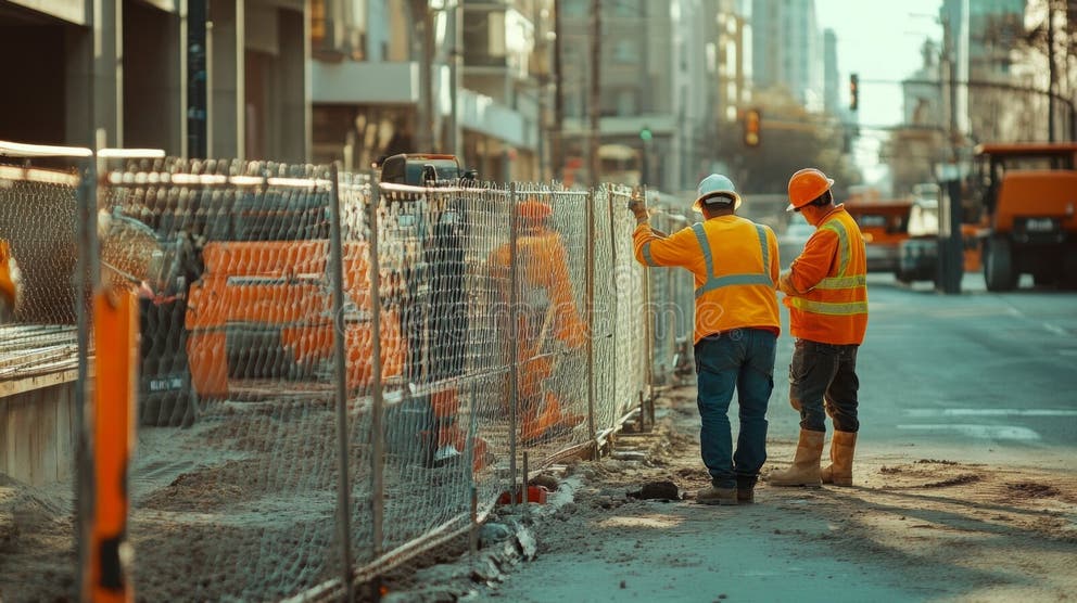 Two Construction Workers Standing Near a Chain Link Fence Stock ...