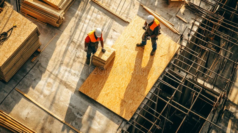 Two Construction Workers Standing on Plywood Sheets with Steel ...