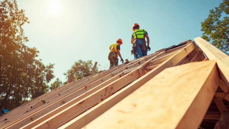 Two Construction Workers Standing on a Roof Framework Stock ...