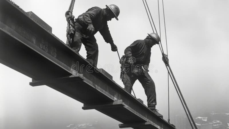 Two Construction Workers on Steel Beam during Bridge Building Stock ...