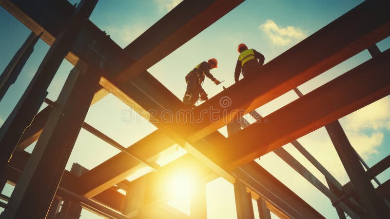 Two Construction Workers on a Steel Beam Looking Up at the Sky Stock ...