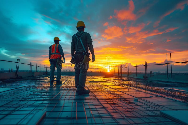 Two Construction Workers at Sunset on Building Site Stock Illustration ...