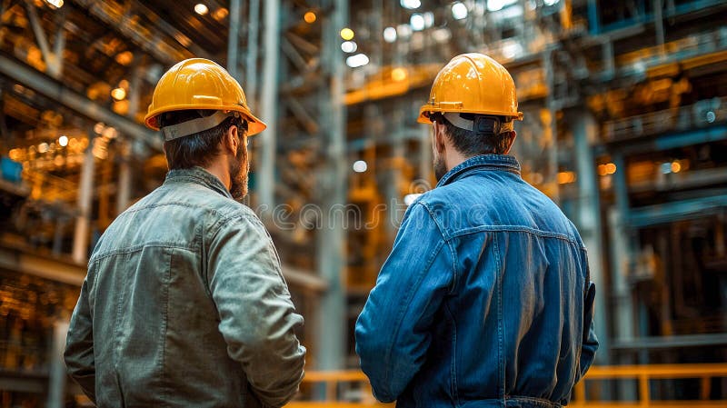 Two Construction Workers Supervising a Construction Site Inside a Multi-storey Building ...