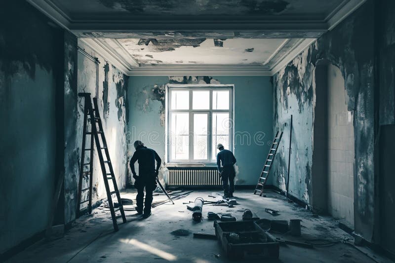 Two Construction Workers Taking Break during Demolition of Old Building ...
