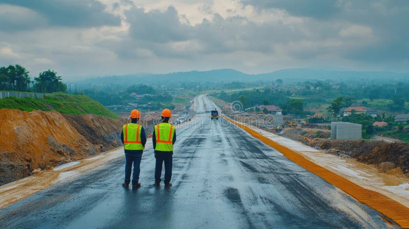 Two Construction Workers Walking Down a Wet Road Stock Illustration ...