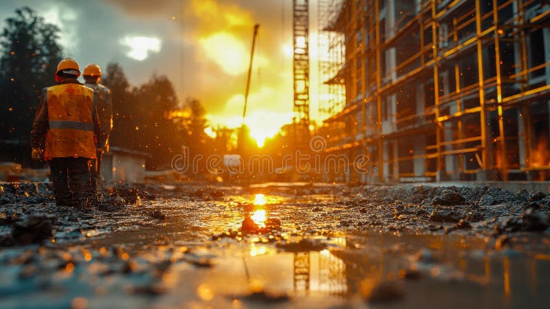 Two Construction Workers Walking on a Site, Covered in Mud, with Tools ...