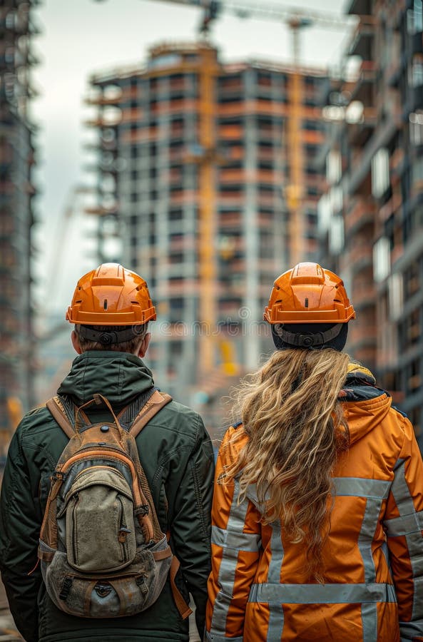 Two Construction Workers are Walking on the Construction Site. they are ...