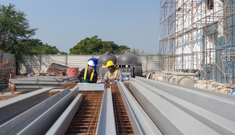 Two Construction Workers are Working in Front of a Large Building Site ...