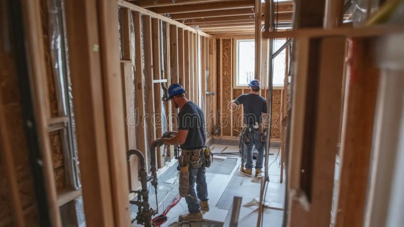 Two Construction Workers Working Inside a House Under Construction Stock Illustration ...