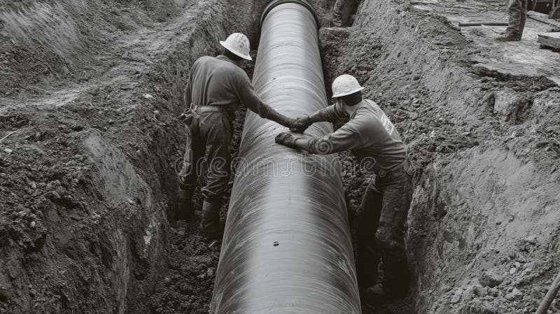 Two Construction Workers Working on a Large Pipe in a Trench Stock ...
