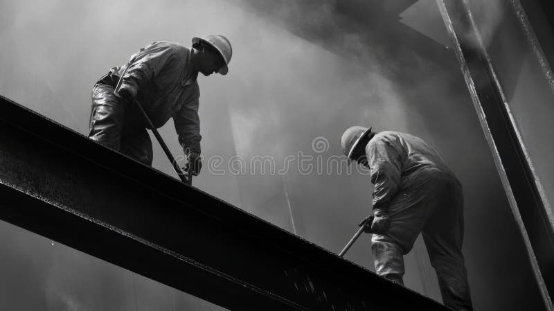 Two Construction Workers Working on Steel Beams in a Dusty Environment ...