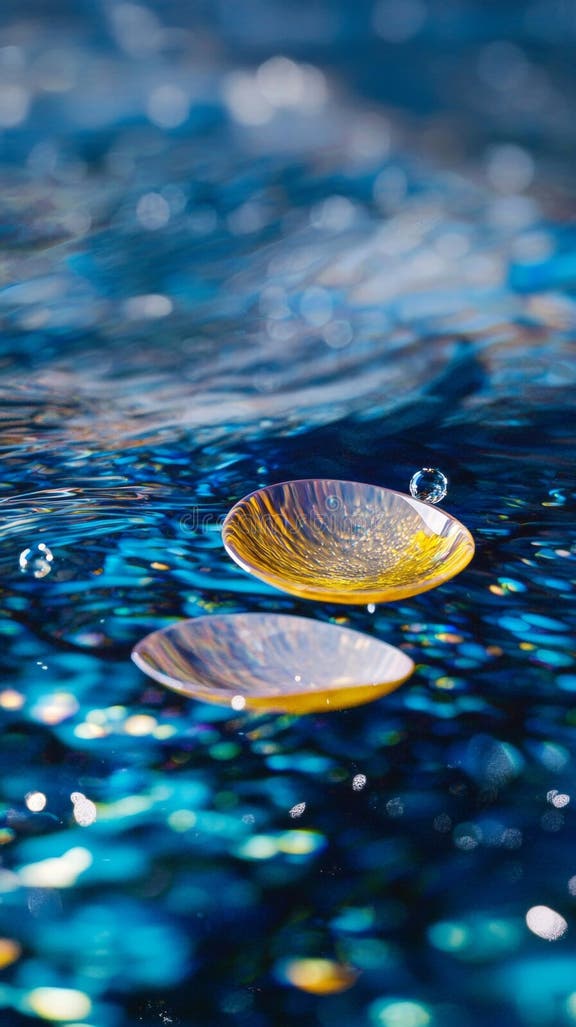 Two Contact Lenses are Gently Floating on the Surface of Vibrant Blue ...