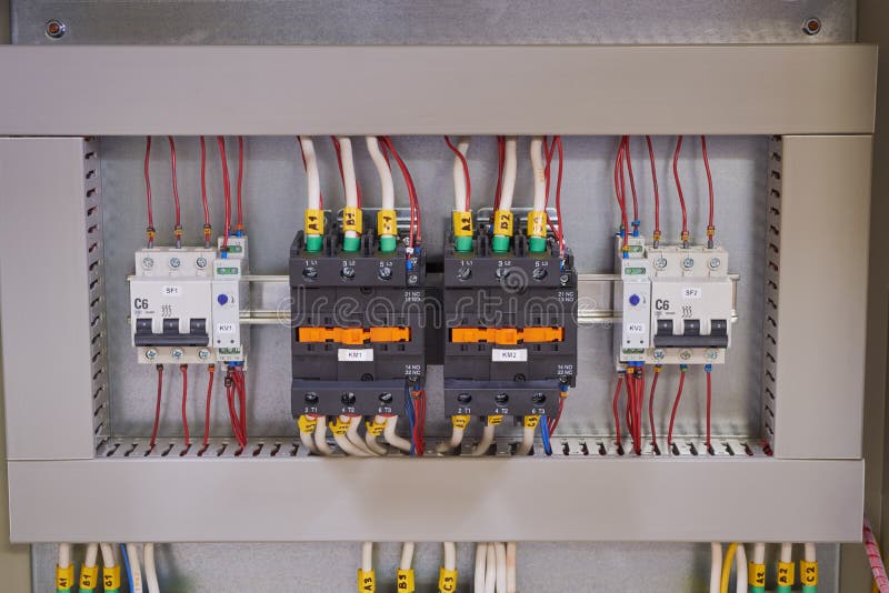 Two Contactors and Circuit Breakers in the Electrical Cabinet Stock ...