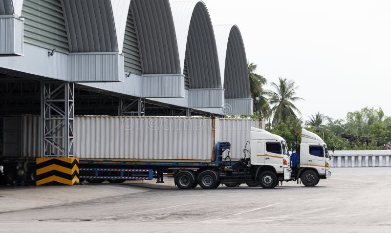 Two Container Trailer is Loading Cargo at Warehouse Stock Photo - Image ...