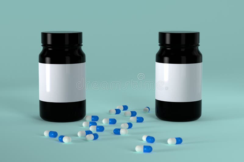 Two Containers with a White Sticker and Scattered Tablets. Blue ...