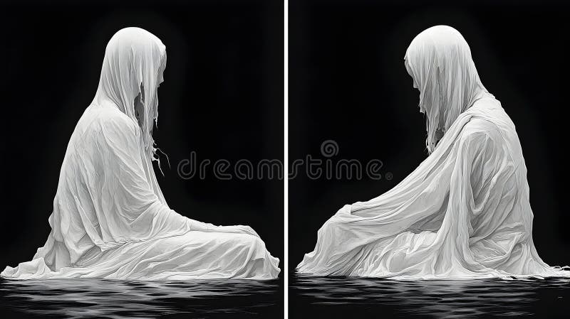 Two Contemplative Figures Draped in White Fabric, Seated on a ...