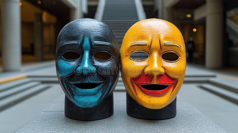 Two Contrasting Painted Masks, One Dark Blue, One Yellow, on a Light ...