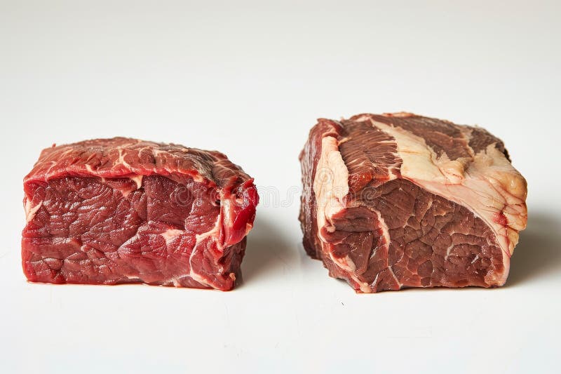 Two Contrasting Pieces of Beef, One Raw and One Cooked, Placed on a ...