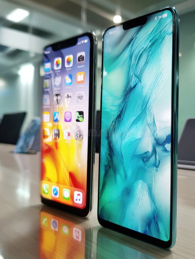 Dual Smartphone Screens Display Vibrant Apps and Interfaces in a Modern ...