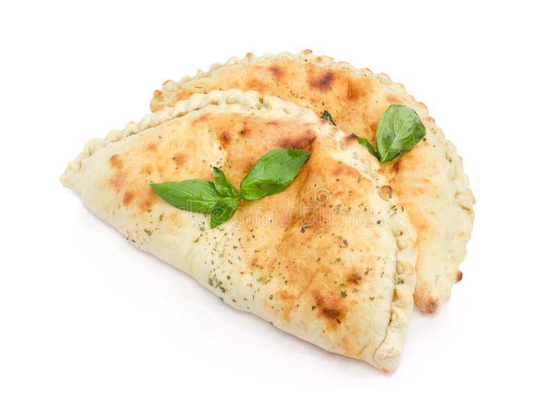 Two Cooked Calzone with Basil Twigs on a White Background Stock Image ...