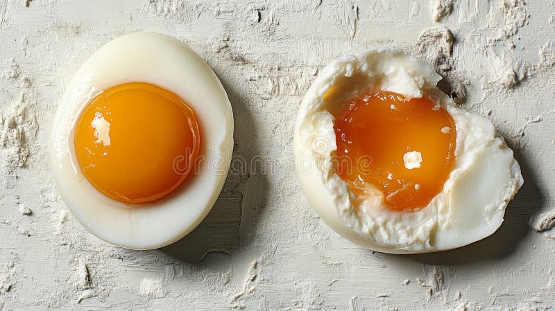 Two Cooked Eggs: One Whole and One Opened, Showing Yolk and White Stock ...