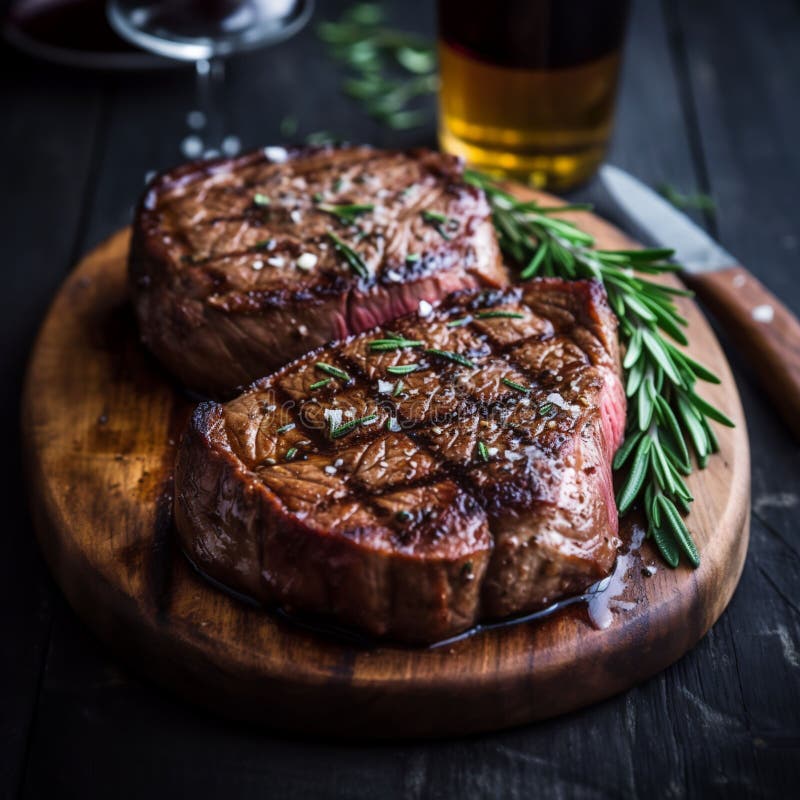 Two Cooked Steaks on a Cutting Board with Rosemary. AI-generated Stock ...