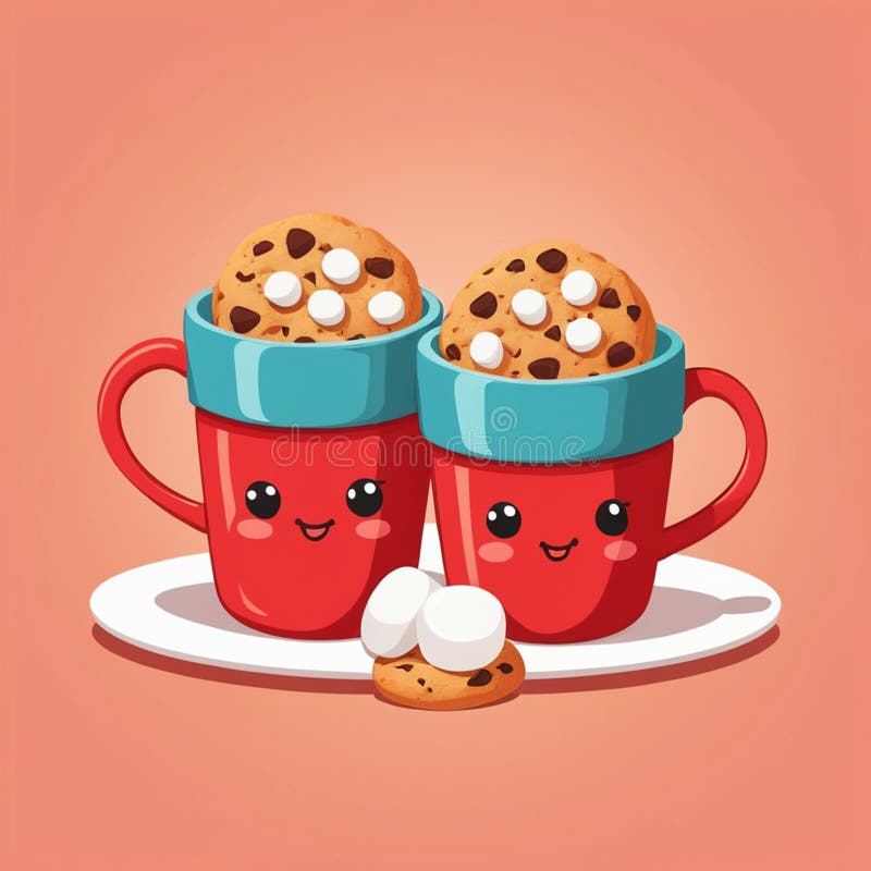 Two Cookies in Red Cups with Marshmallows Stock Illustration ...